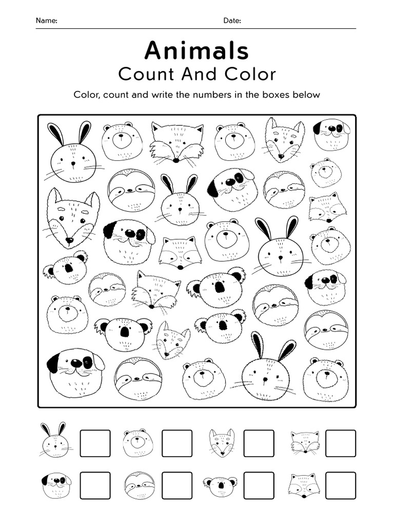 Animals Count and Color Math Worksheet in Monochromatic Handdrawn Style ...