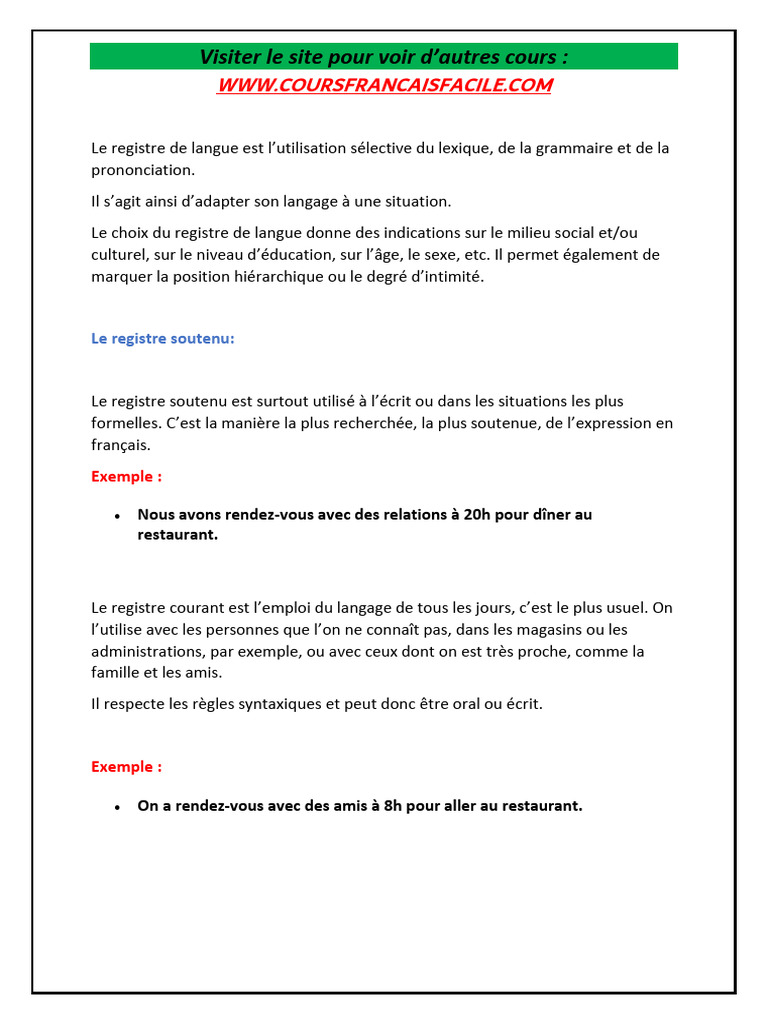 Les Types Des Registres de Langue - PNG | PDF
