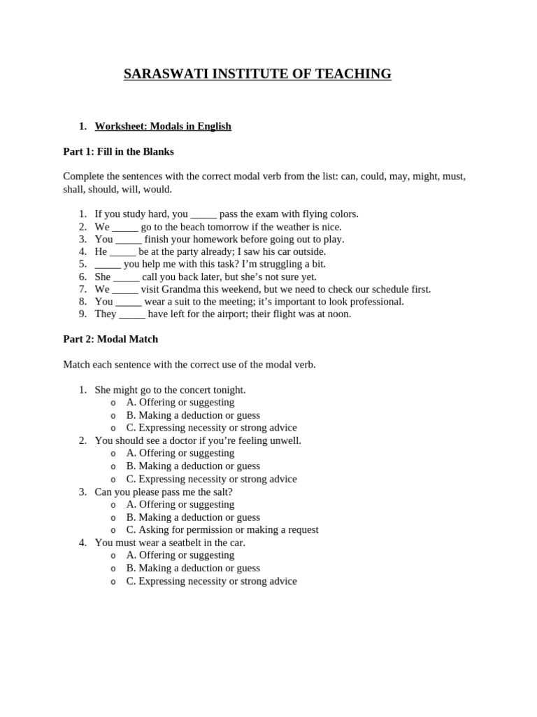 Modals Worksheet | PDF