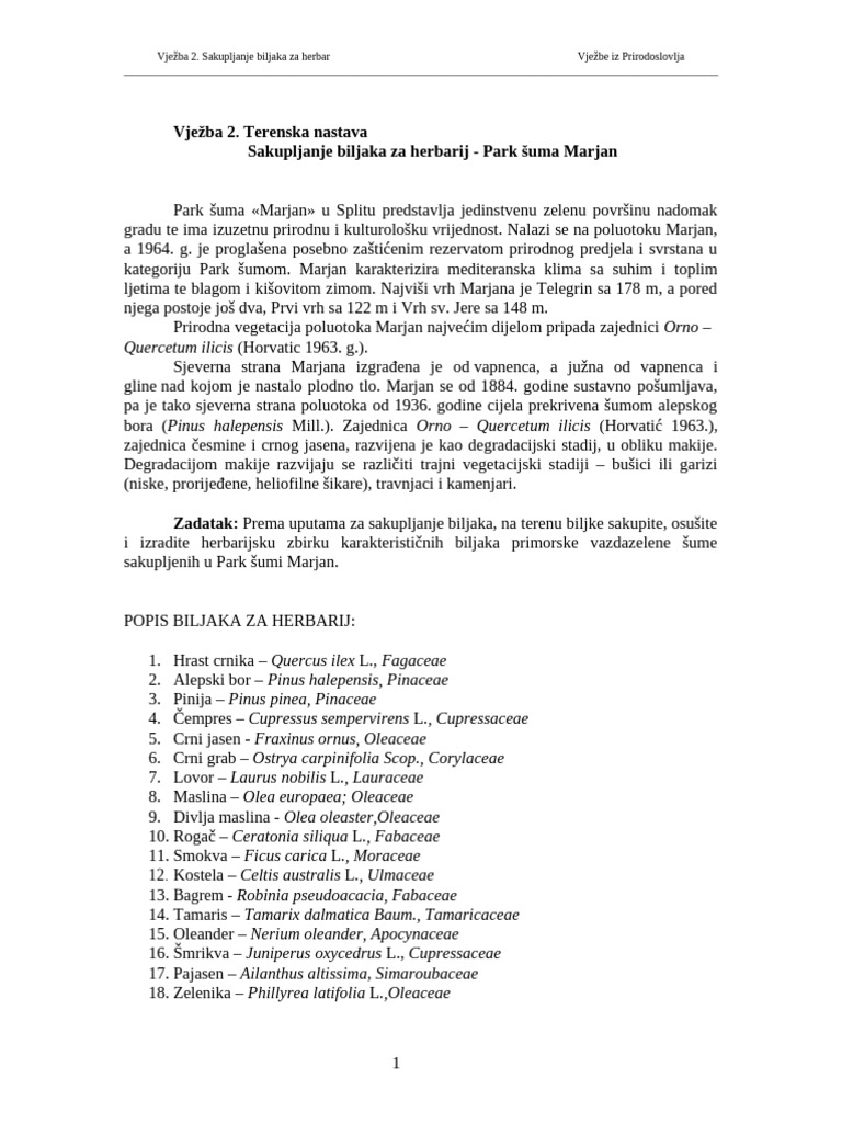 Vjezba 2 - Terenska Nastava - Sakupljanje Biljaka Za Herbarij | PDF