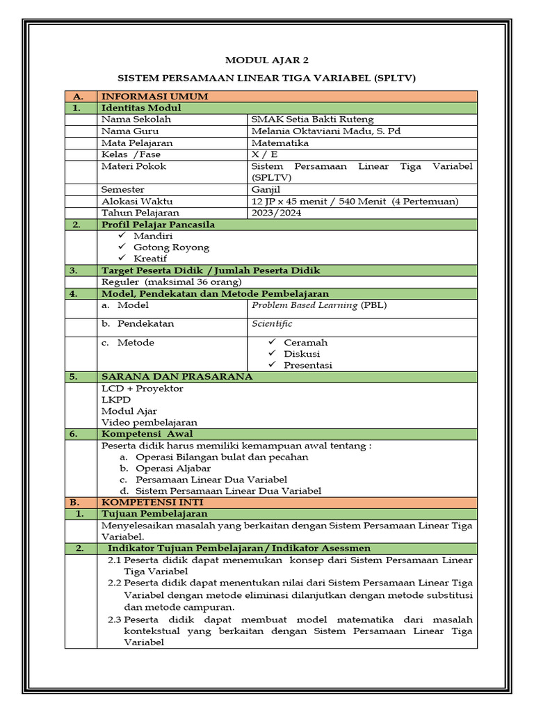 Modul Ajar SPLTV | PDF
