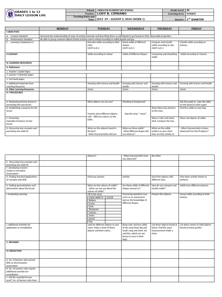DLL - Science 3 - Q1 - W1 | PDF
