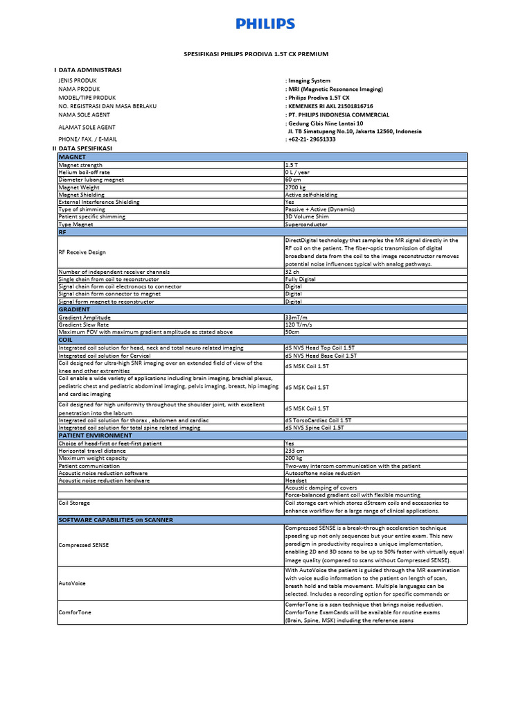 Spesifikasi Philips Prodiva 1.5T CX Premium | PDF