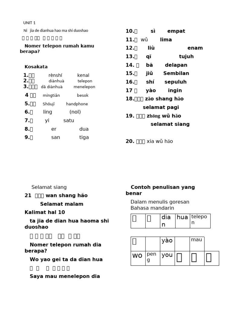 UNIT 1 kelas 2 mandarin | PDF