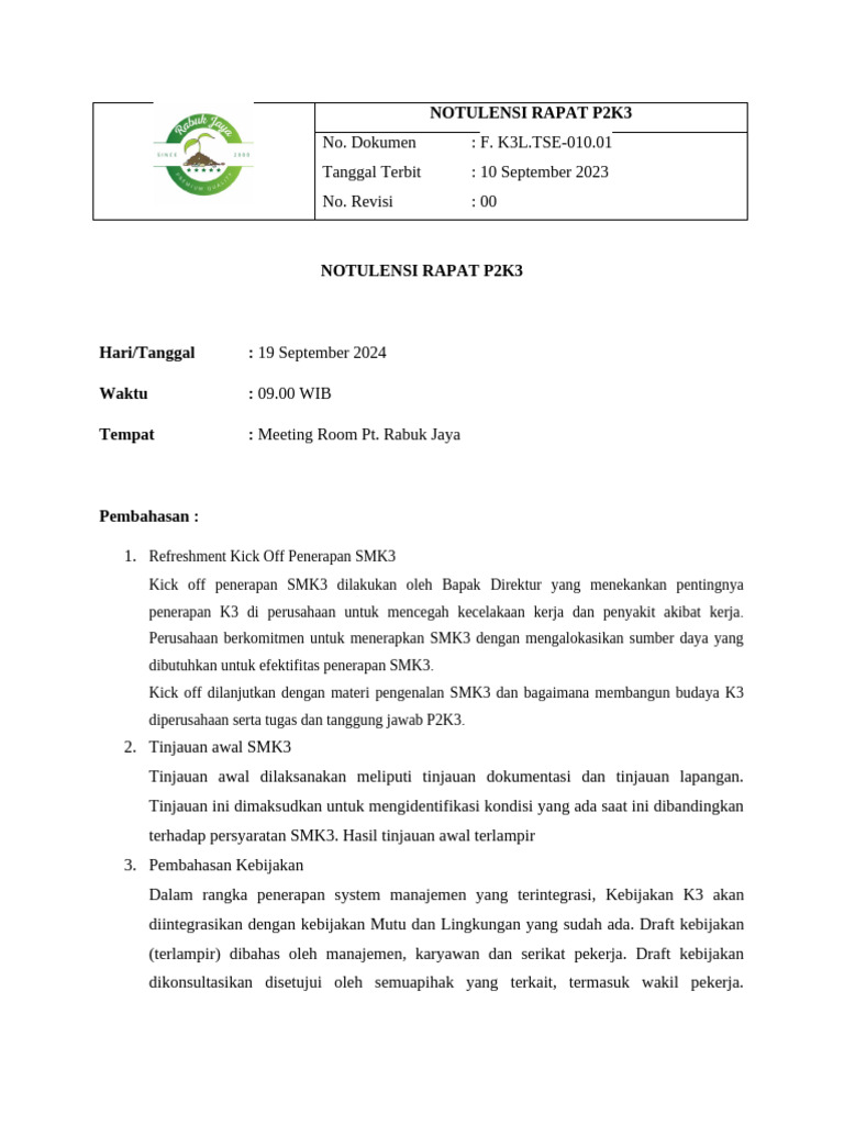 Notulensi Rapat P2K3 | PDF