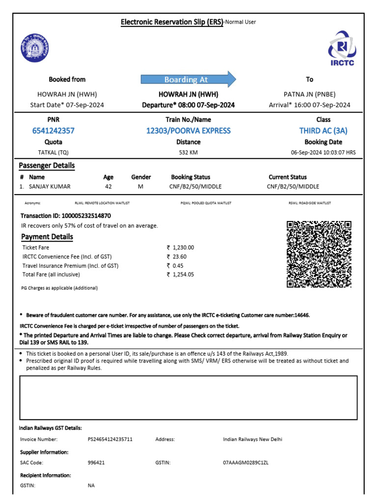 12303/poorva Express Third Ac (3A) | PDF