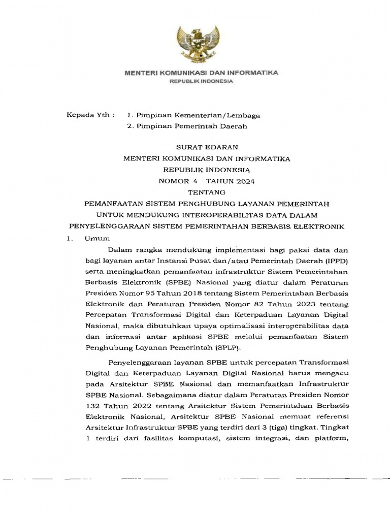 Surat Edaran Menteri Komunikasi Dan Informatika Nomor 4 Tahun 2024 | PDF