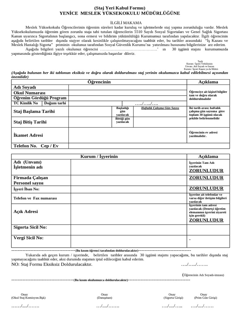 577-Staj-Yeri-Kabul-Formu-Guncel-2021 2 | PDF
