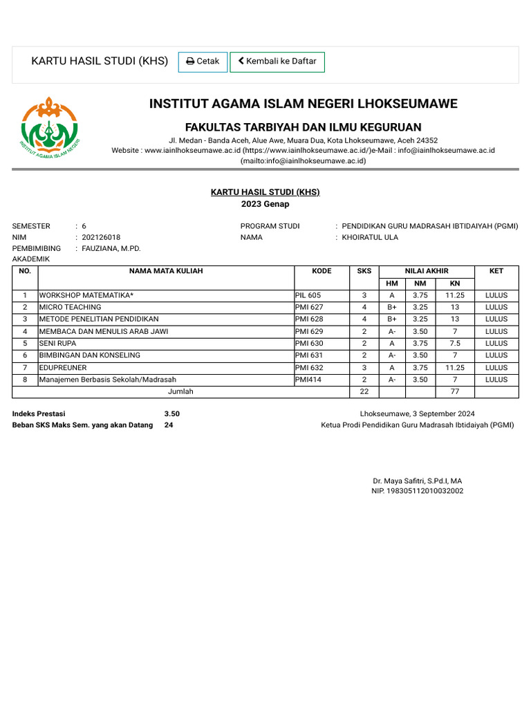Kartu Hasil Studi (KHS) | PDF