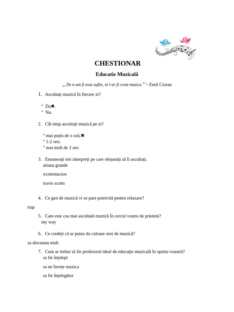 Chestionar Ed Muzicala | PDF