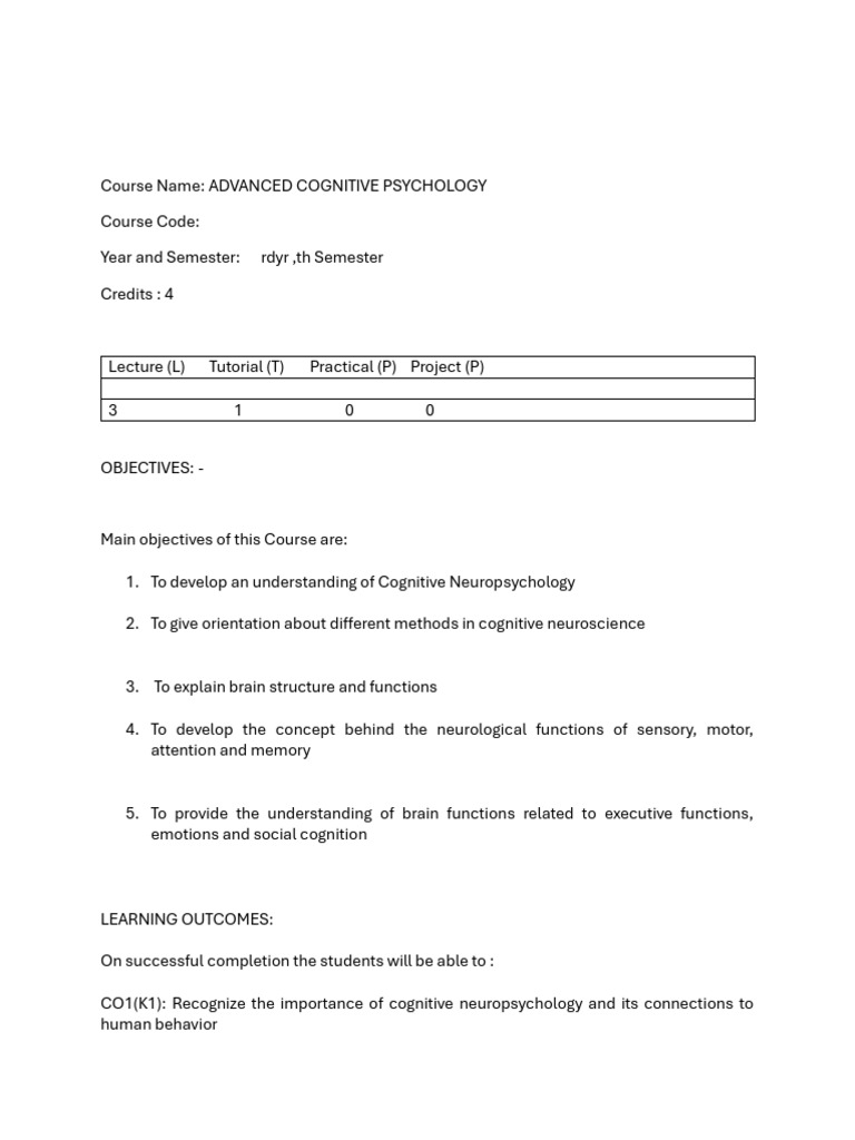 Advanced Cognitive Psychology Syllabus | PDF