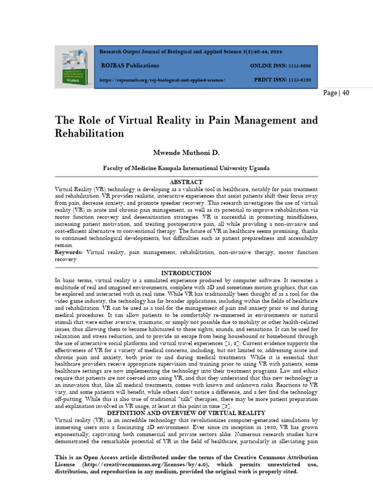 The Role of Virtual Reality in Pain Management and Rehabilitation (WWW - Kiu.ac - Ug) | PDF ...