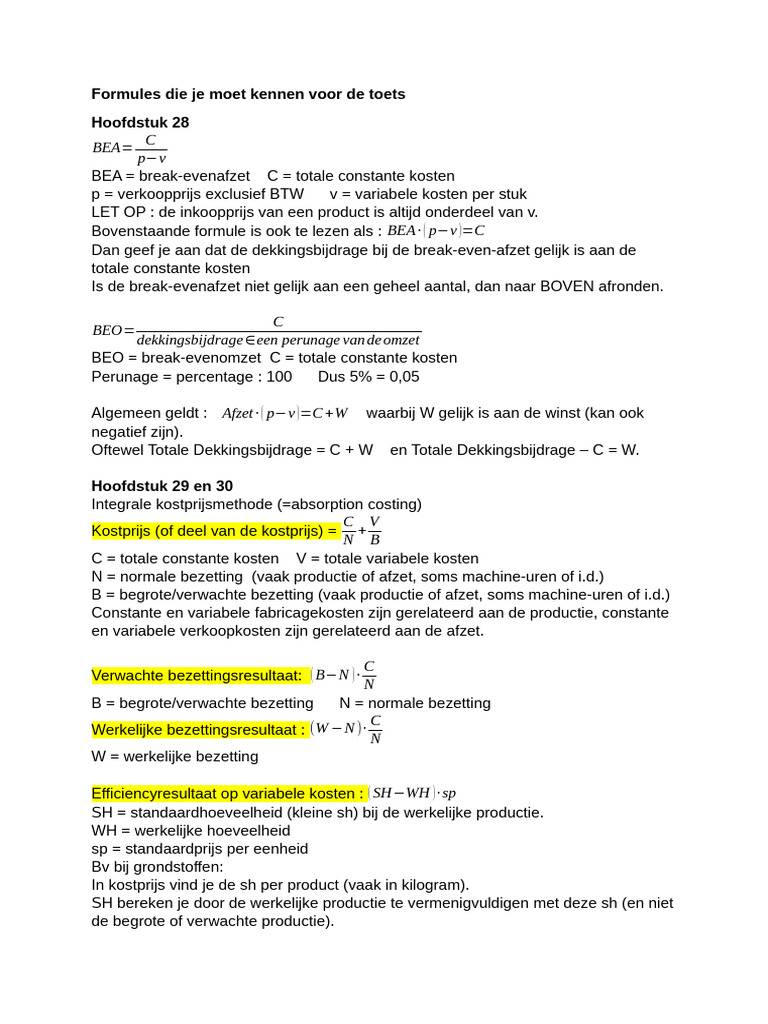 Formules Die Je Moet Kennen Voor de Toets H28-H31 | PDF