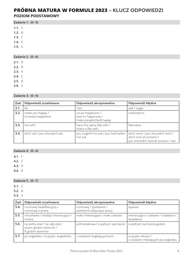 Probna Matura PP Klucz Odpowiedzi | PDF