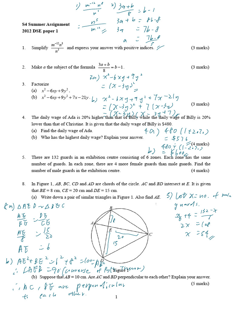 (Part 1) 4S S4 Summer Assignment DSE Paper 1 | PDF