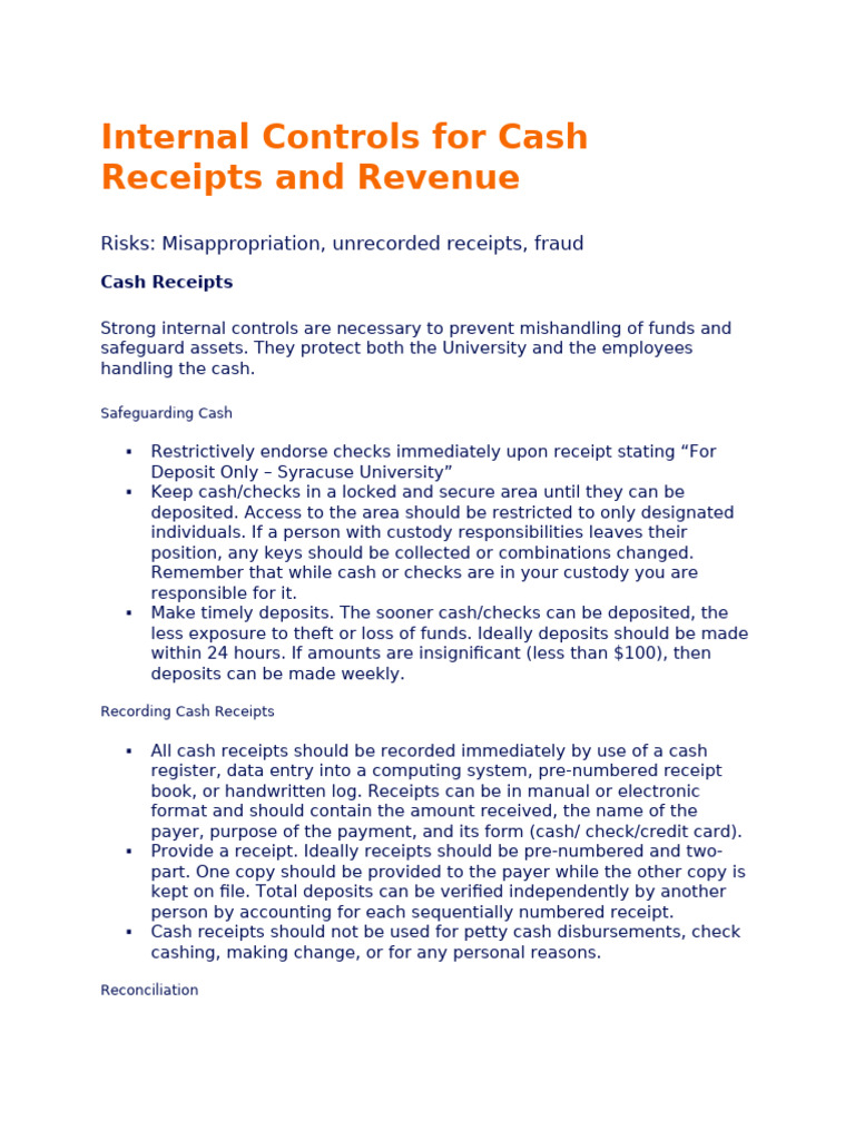 Internal Controls for Cash Receipts and Revenue | PDF