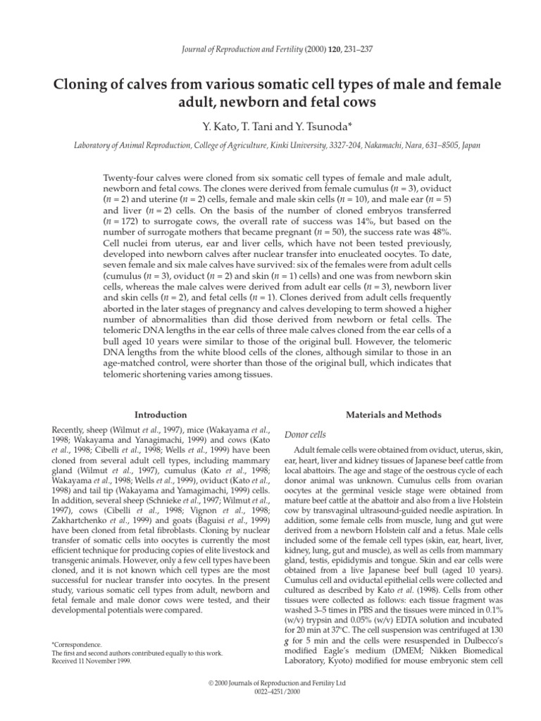 2000 - Kato, Tani, Tsunoda - Journal of Reproduction and Fertility - Cloning of Calves | PDF