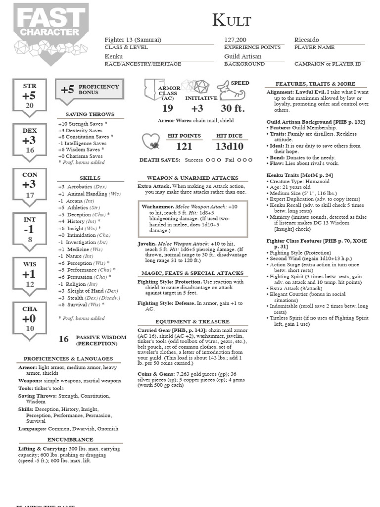 Fast Character - D&D Character Maker - Kenku Fighter 13 (Samurai) - 1 | PDF