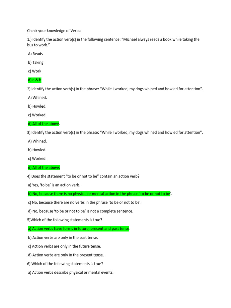 Verbs Quiz Key | PDF