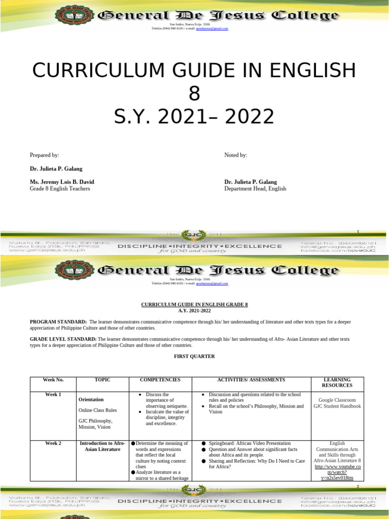 Curriculum Guide English G8 2021 2022 1 | PDF