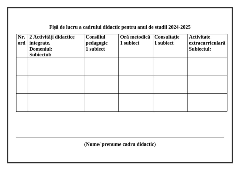 Fișă de Lucru A Cadrului Didactic Pentru Anul de Studii 2024 | PDF