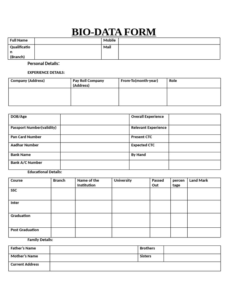 Bio-Data Form: Personal Details | PDF