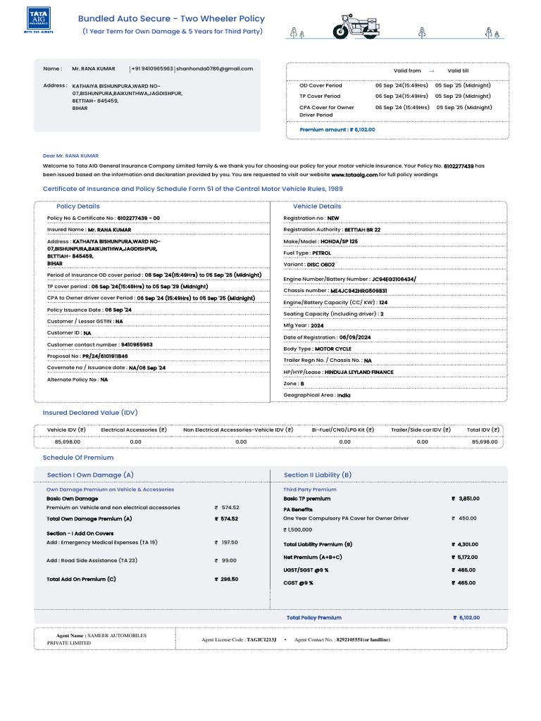 Tata AIG Motor Policy Schedule - 3187 - 6102277439-00 | PDF