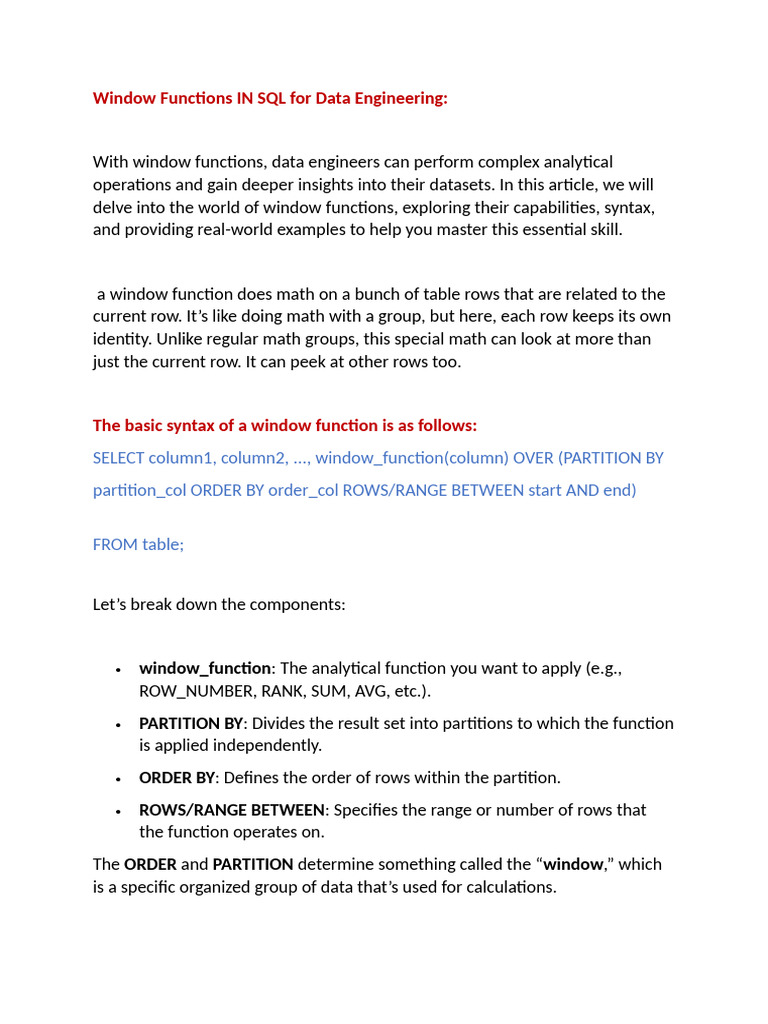 Window Functions IN SQL For Data Engineering | PDF