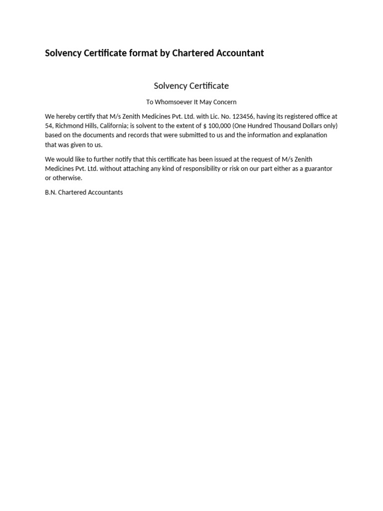 Solvency Certificate Format | PDF