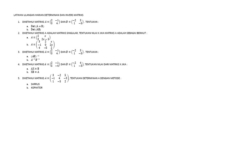 Latihan Ulangan Harian Determinan Dan Invers Matriks | PDF
