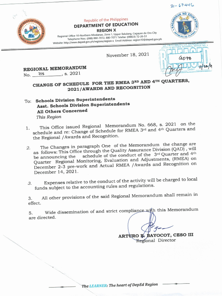RM - 715 - Change of Schedule For The RMEA 3rd and 4th Quarters 2021 ...