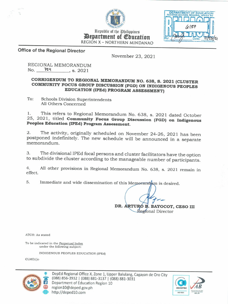 RM - 724 - Corrigendum To Regional Memorandum No. 638, S. 2021 (Cluster ...