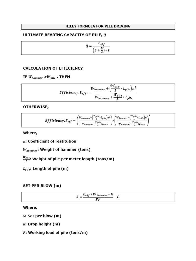 Equations - Hiley Formula For Pile Driving | PDF | Deep Foundation | Hammer