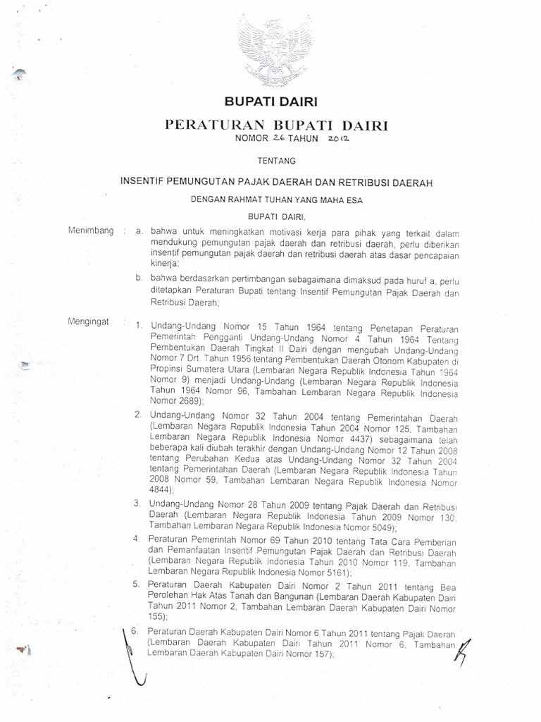 Perbup No 26 THN 2012 Insentif Pemungutan Pajak Daerah Dan ...