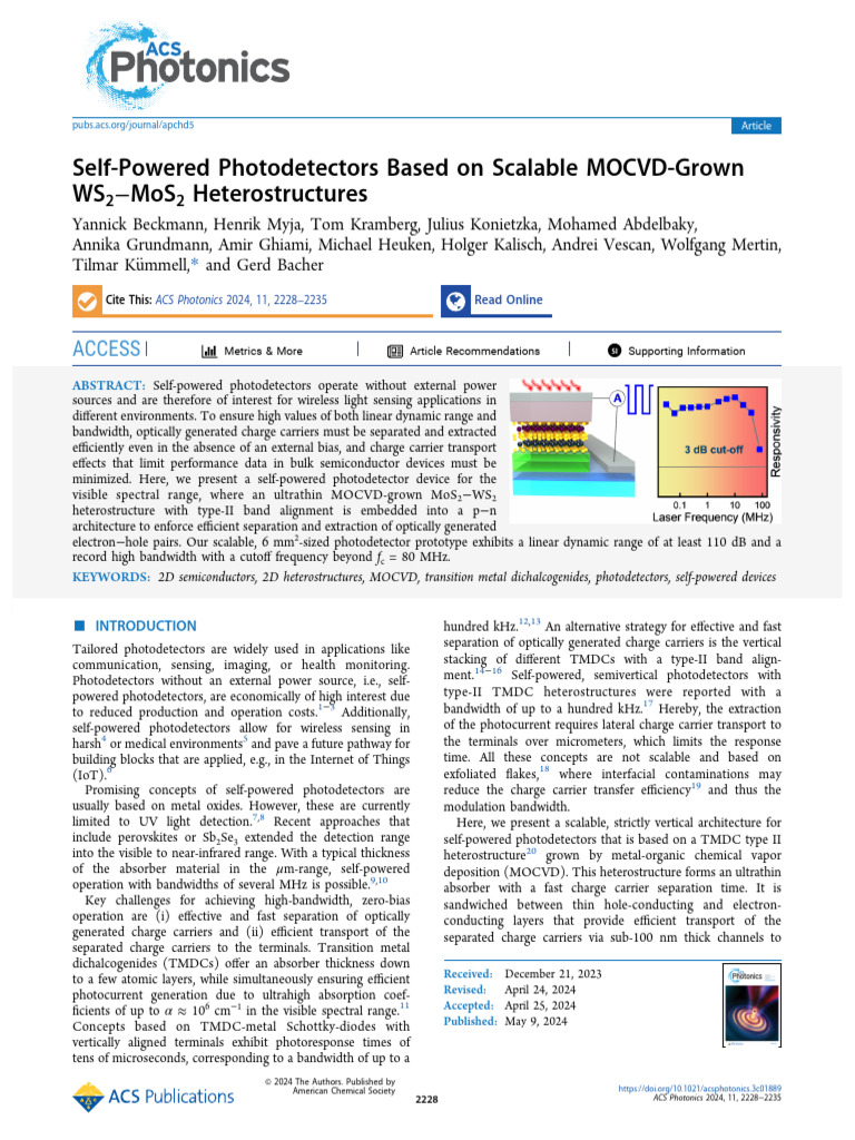 Beckmann Et Al 2024 Self Powered Photodetectors Based On Scalable Mocvd Grown ws2 Mos2 ...