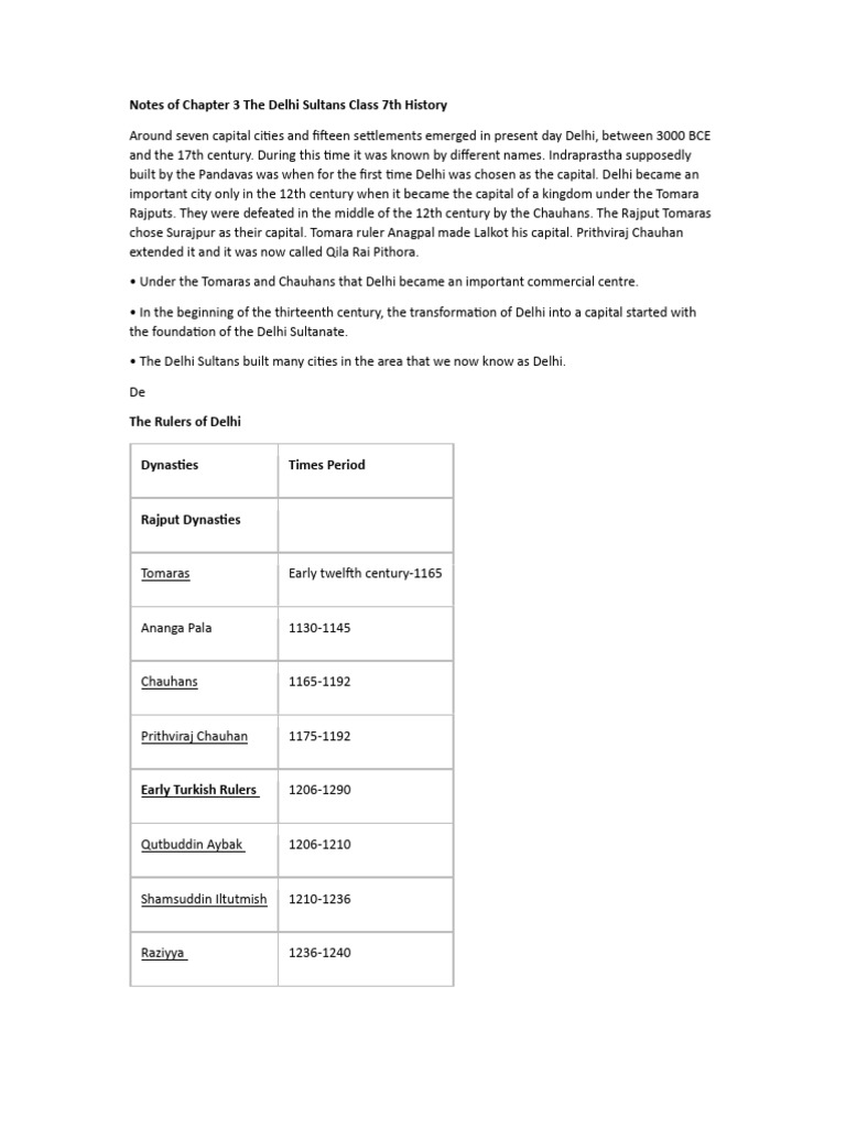 Notes of Chapter 3 The Delhi Sultans Class 7th History | PDF | Mughal ...