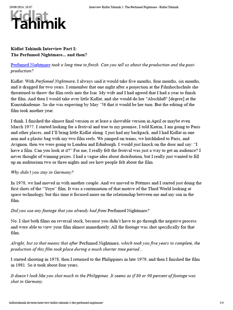 Interview Kidlat Tahimik 1_ the Perfumed Nightmare - Kidlat Tahimik | PDF