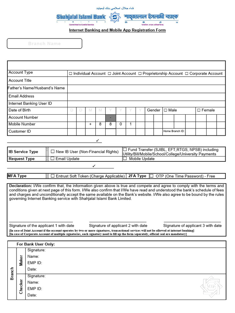 SJIBL - Internet Banking and App Application Form - Fi | PDF