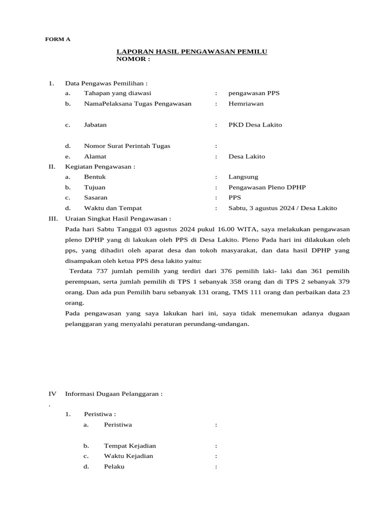Form A - Pleno DPHP Desa Lakito 03 Agustus 2024) | PDF