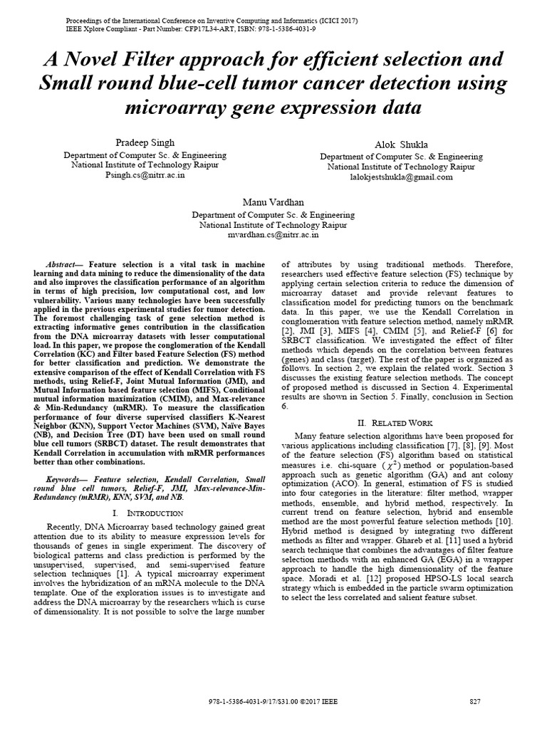 A Novel Filter Approach For Efficient Selection and Small Round Blue-Cell Tumor Cancer Detection ...