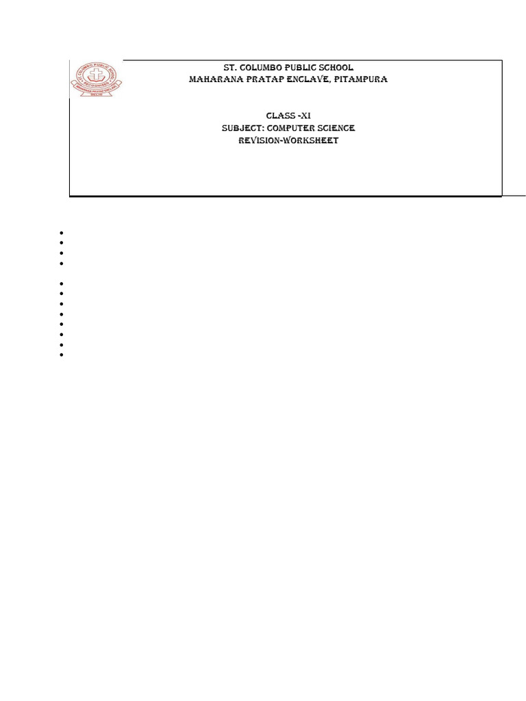 Revision worksheet-XI-COMPUTER - SCIENCE | PDF