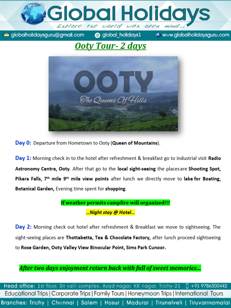 1. Global 2 Days Tour Plan - Ooty | PDF