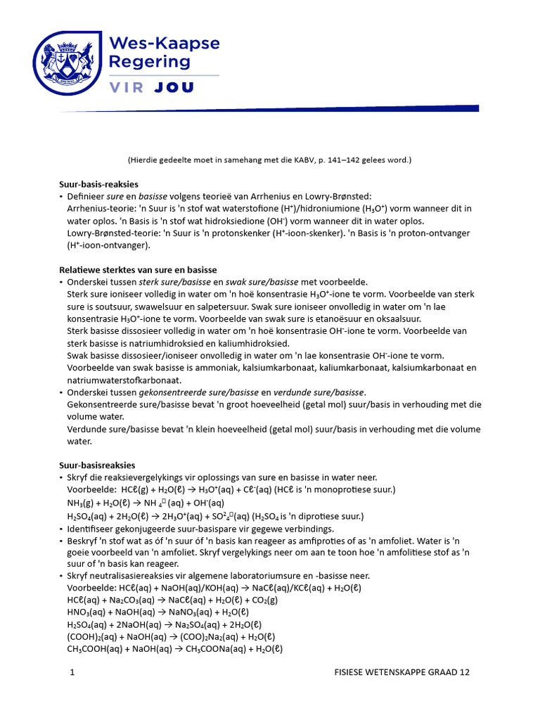 Jit Graad 12 Suur-Basis Reaksies Leerder Notas | PDF