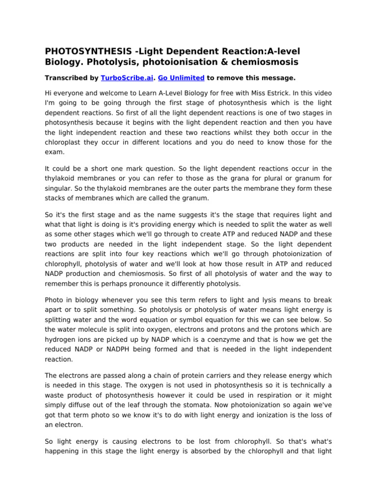 PHOTOSYNTHESIS - Light Dependent Reaction - A-Level Biology. Photolysis ...