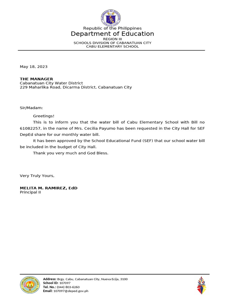 Water Bill To SEF Letter | PDF