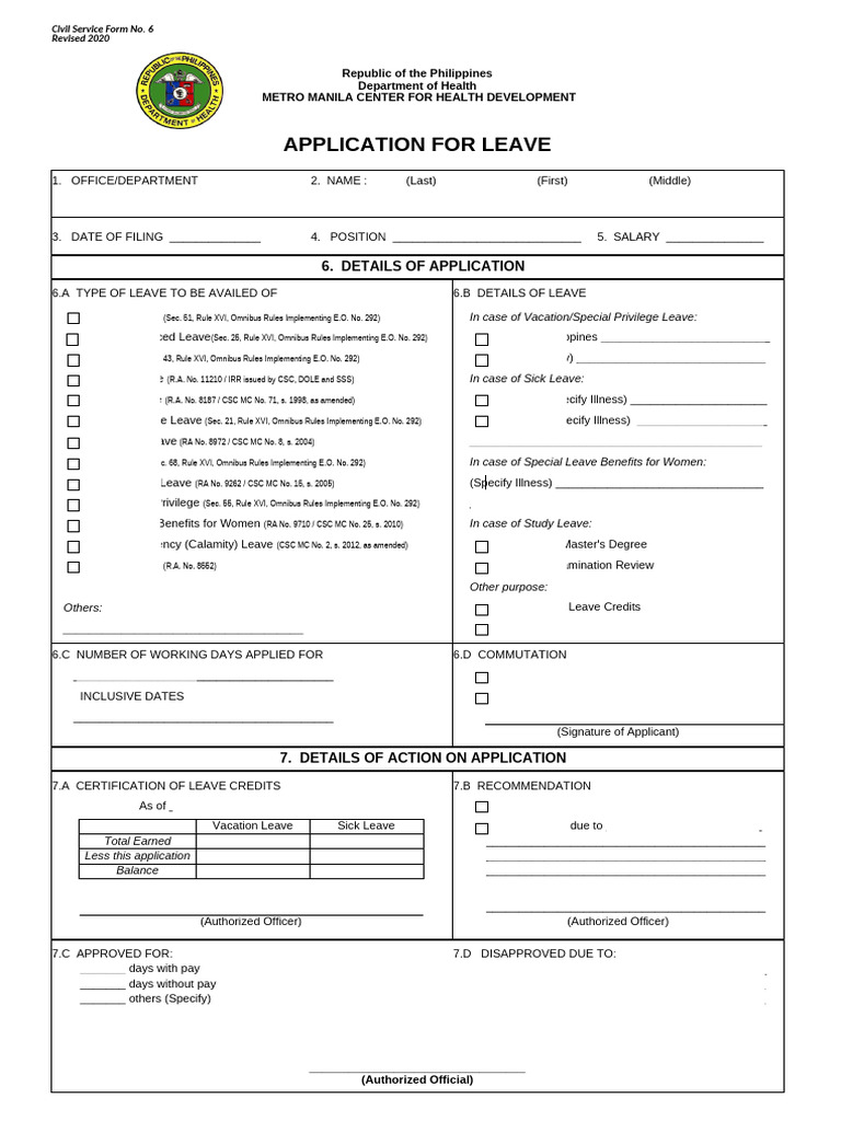 CS Form No. 6 Revised 2020 Application For Leave Fillable 2 | PDF | Parental Leave | Sick Leave