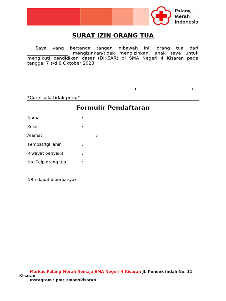 Formulir & Surat Izin Orang Tua PMR | PDF