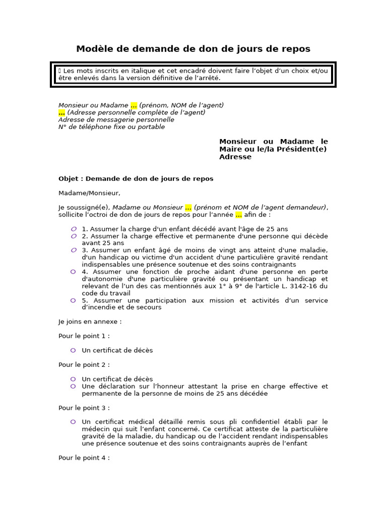 Modele de Lettre de Demande de Jours de Repos | PDF