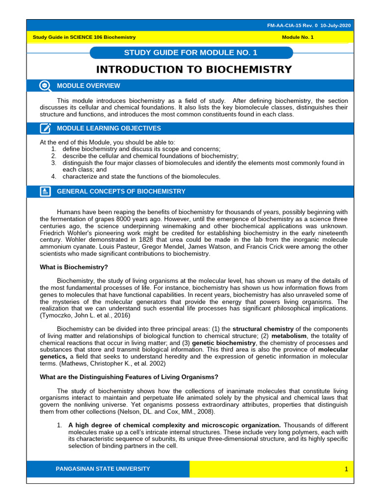 MODULE 1 Sci106 Introduction To Biochemistry | PDF