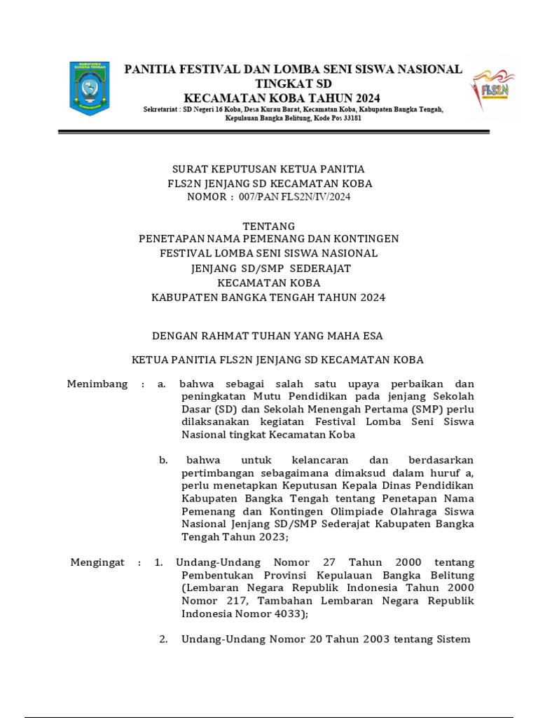 Sk Pemenang Dan Kontingen Fls2n Kecamatan Koba | PDF